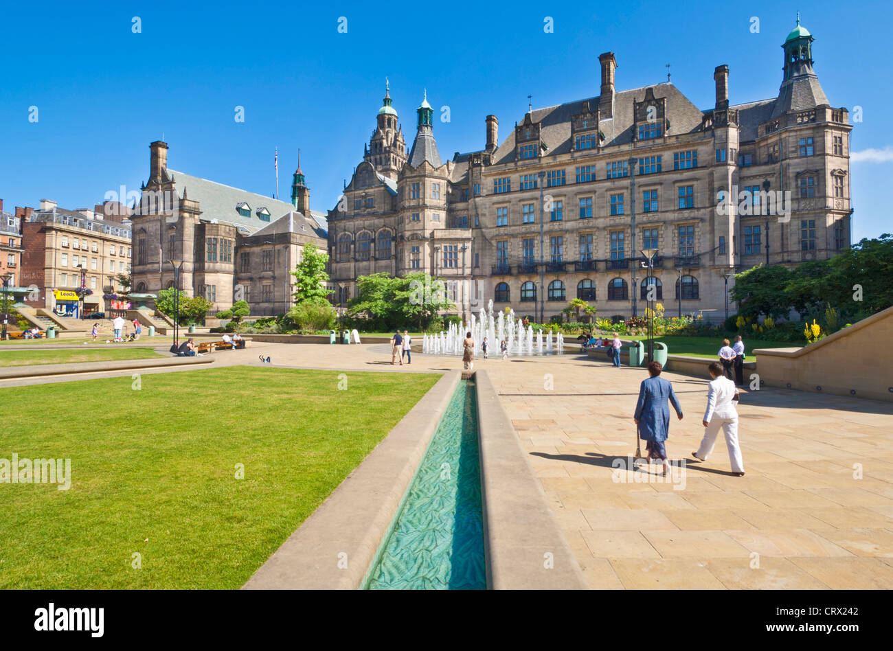 The Gothic town hall and Peace gardens with goodwin fountains Sheffield ...