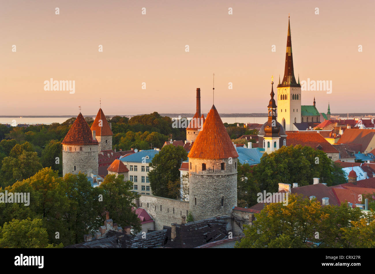 Tallinn old town medieval town walls defence towers and St Olafs church ...