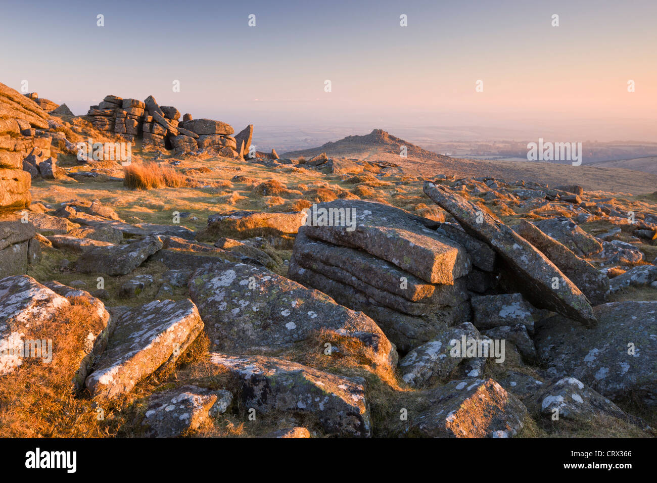 Broken granite rocks on Belstone Common at dawn, Dartmoor National Park ...