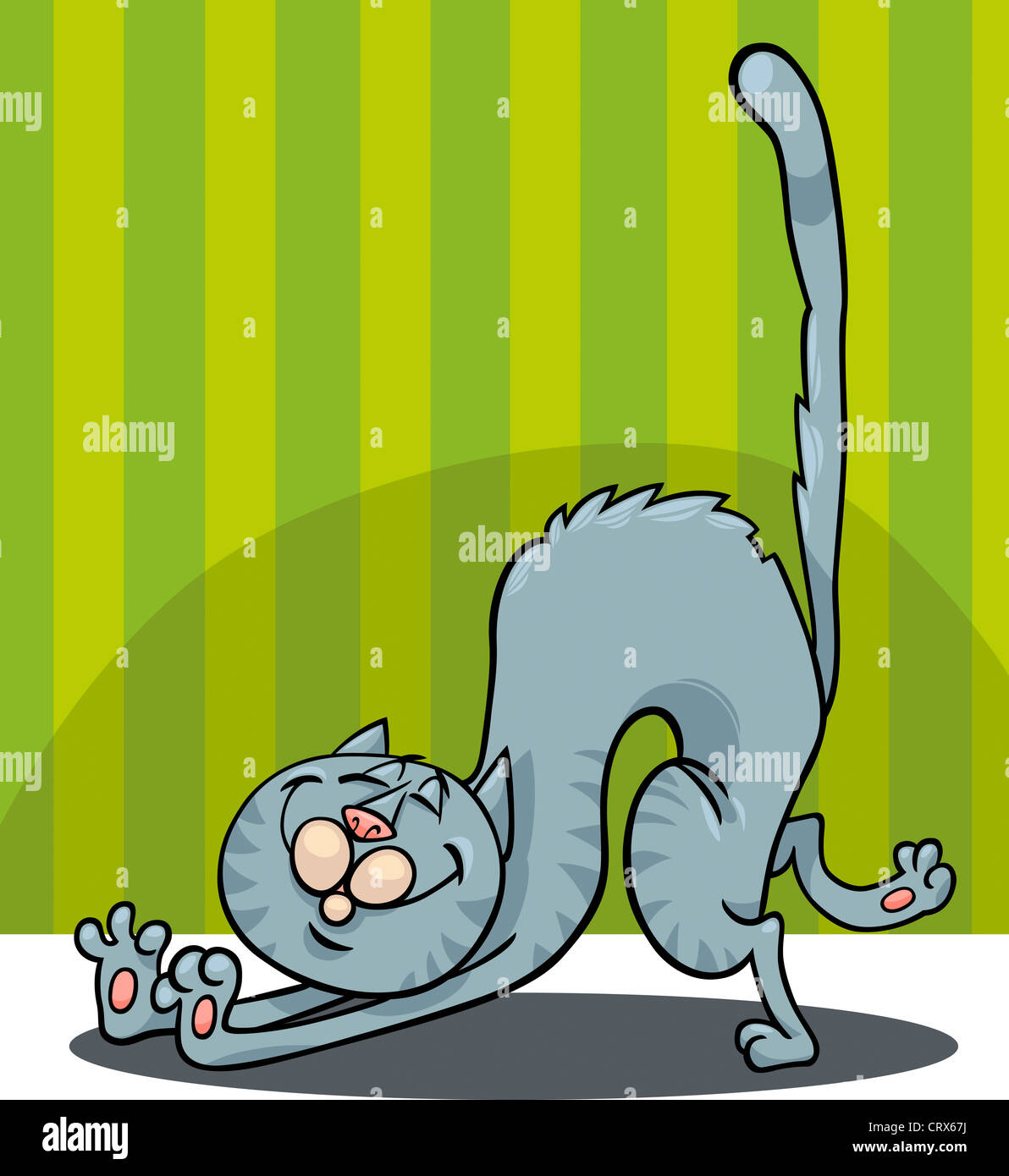Cartoon Illustration of Stretching Happy Gray Cat Stock Photo - Alamy