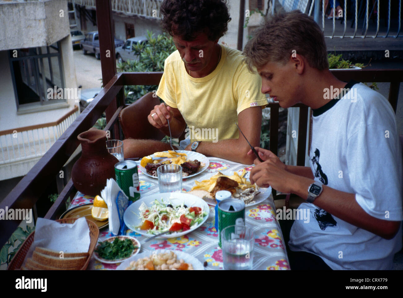 Pano Platres Cyprus Restaurant Greek Meal Teenager With Father Stock ...