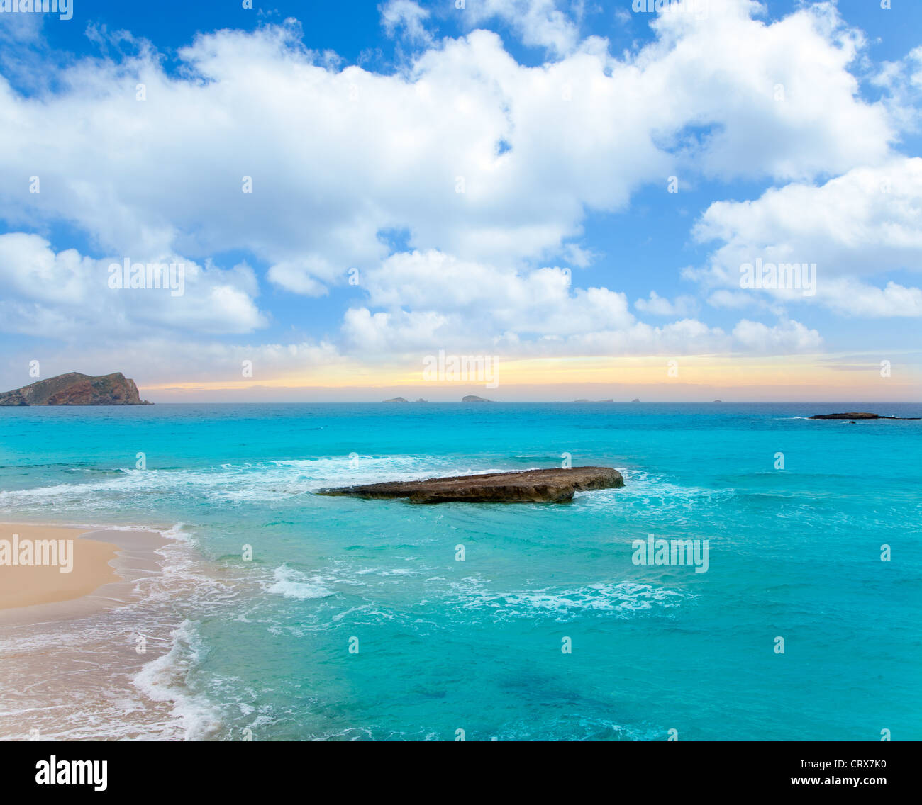 Ibiza Cala Conta Comte Compte sunset with bledas islands in horizon ...
