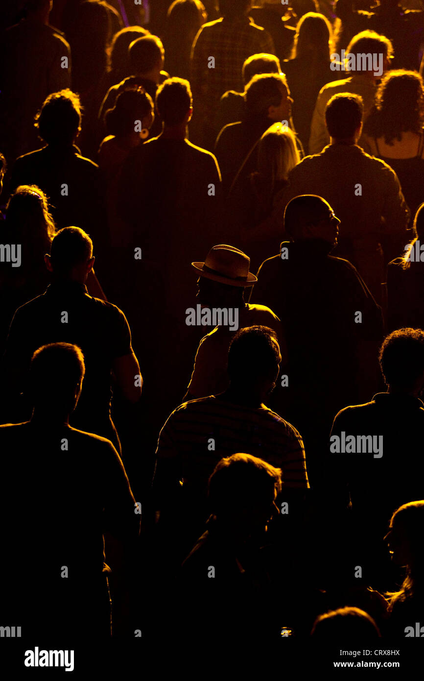 Crowd of people in darkness illuminated by colourful lighting Stock ...