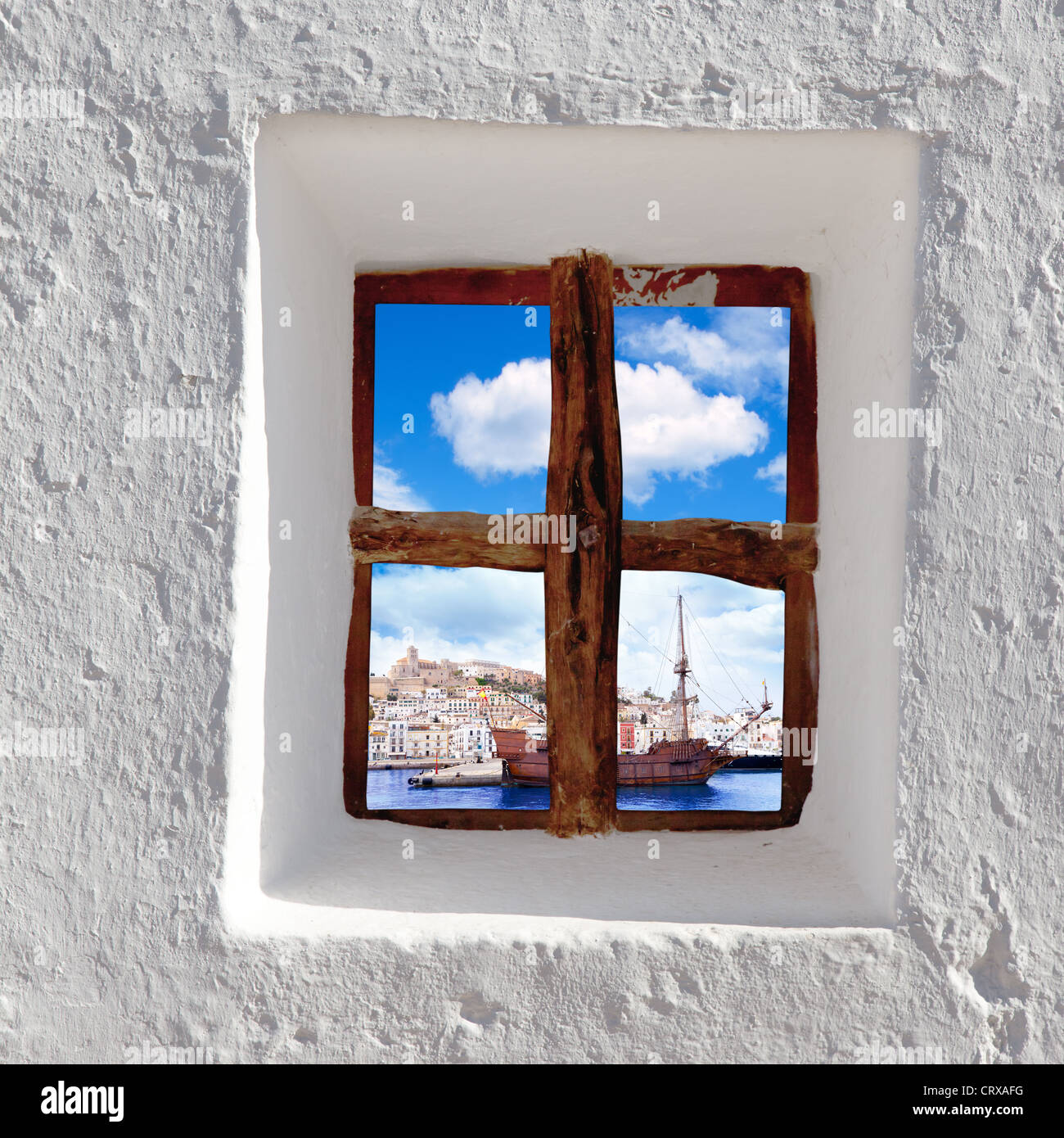 Eivissa Ibiza town view through whitewashed house window Stock Photo ...