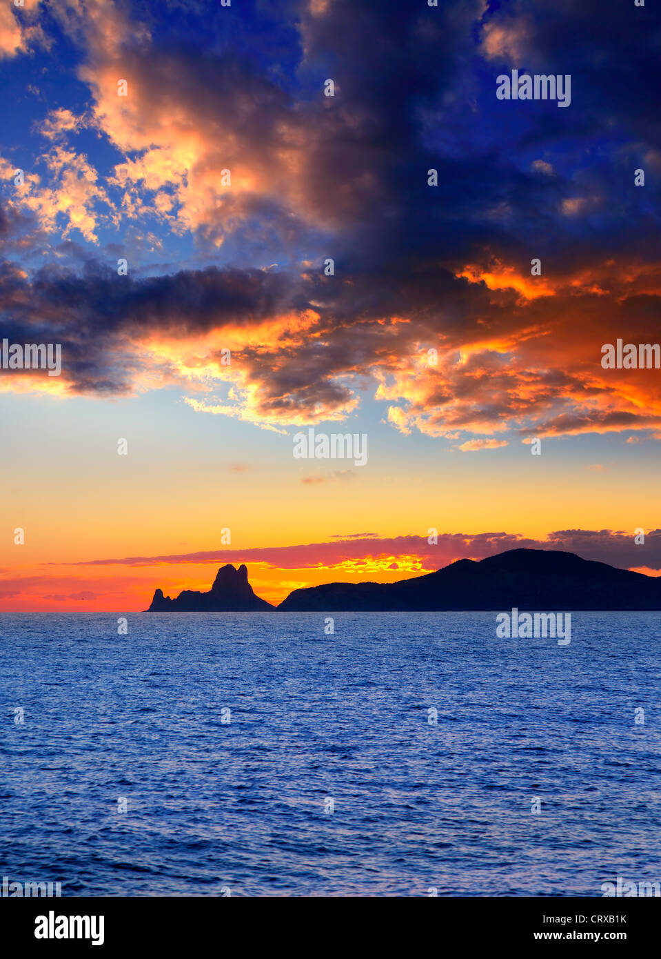 Ibiza island sunset with Es Vedra in background at Balearic islands ...