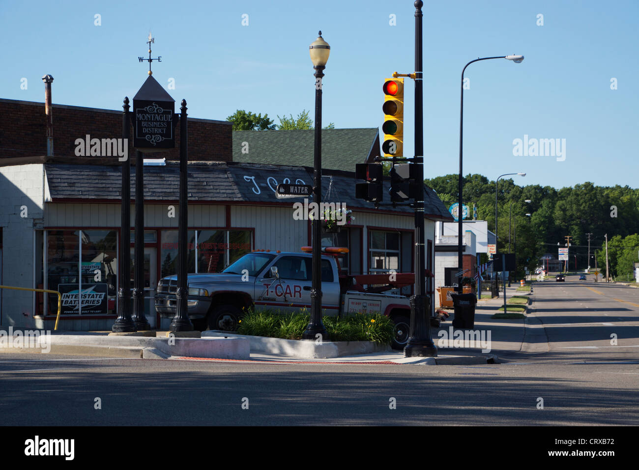 Traffic light on a street post at a crossroad in a small town Stock ...