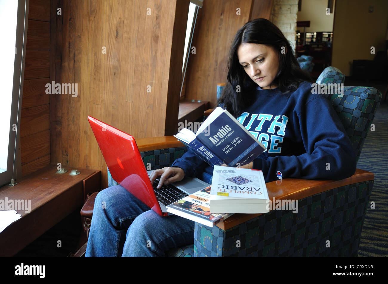 Student at library on laptop, studying Arabic language Stock Photo - Alamy