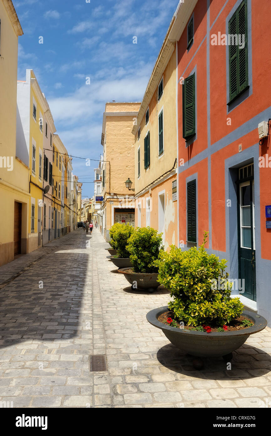 coloured buildings in the streets of Ciutadella menorca balearic ...