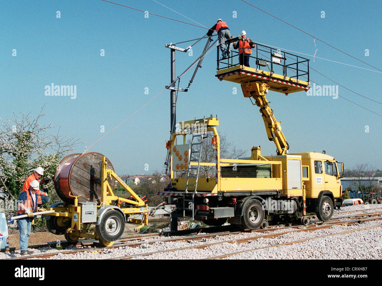 Installation work on the catenary a new tram line Stock Photo - Alamy