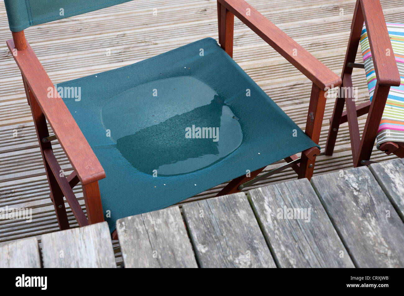 Garden chairs with puddles on them during wet summer Stock Photo - Alamy