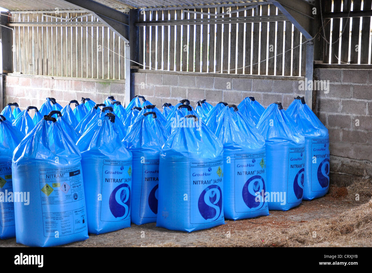 Ammonium Nitrate based fertiliser in bags stored in a farm building ...