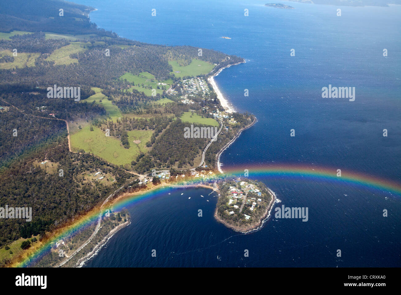 Aerial shot of a double rainbow over Verona Sands in Tasmania Stock ...