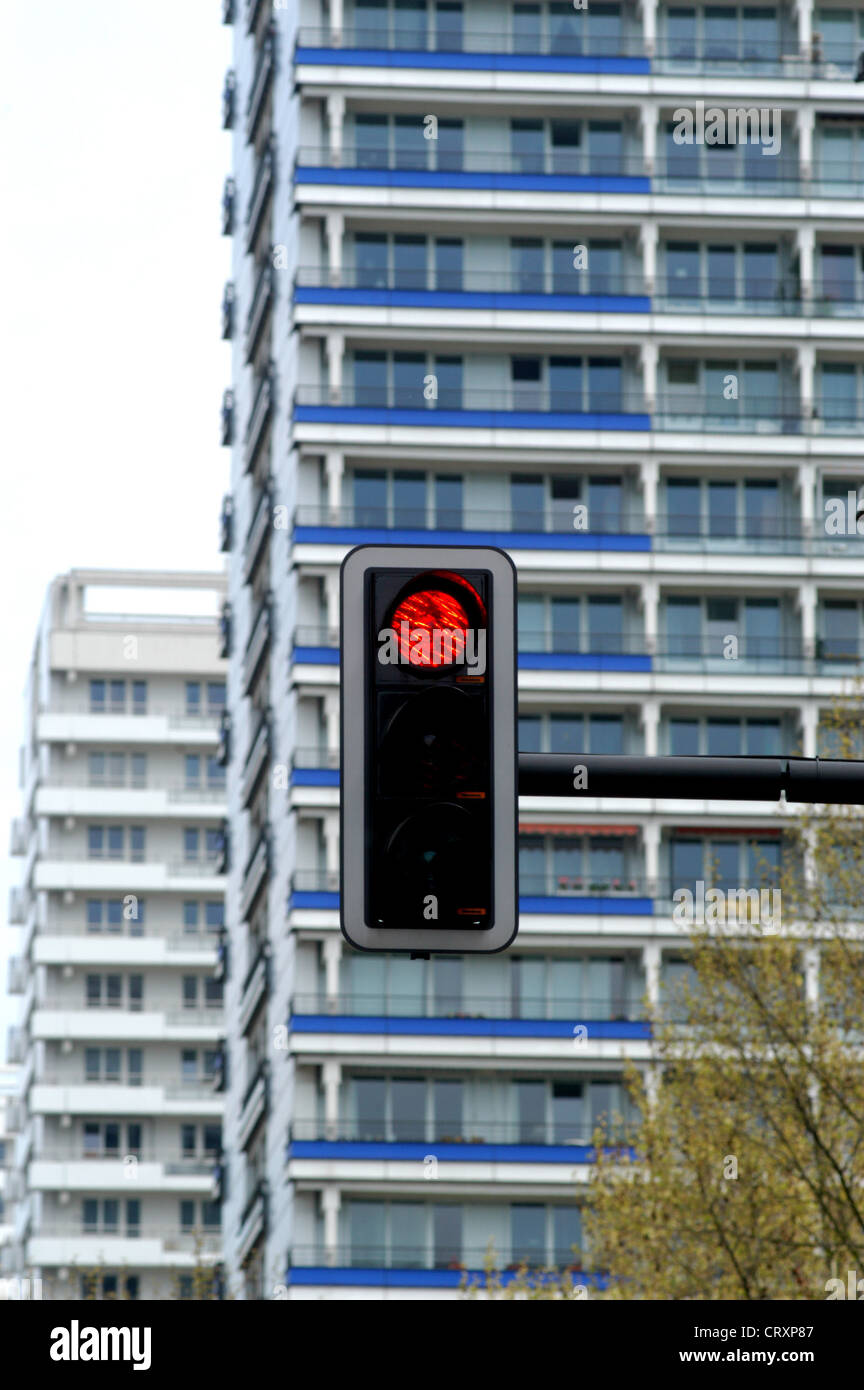 Skyscrapers and red traffic light, Berlin Stock Photo - Alamy