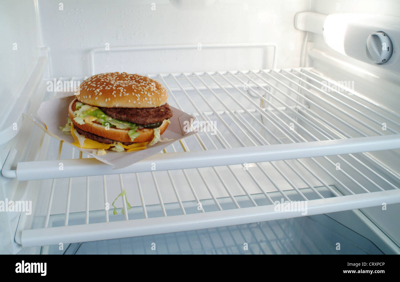 almost empty fridge with a hamburger Stock Photo - Alamy