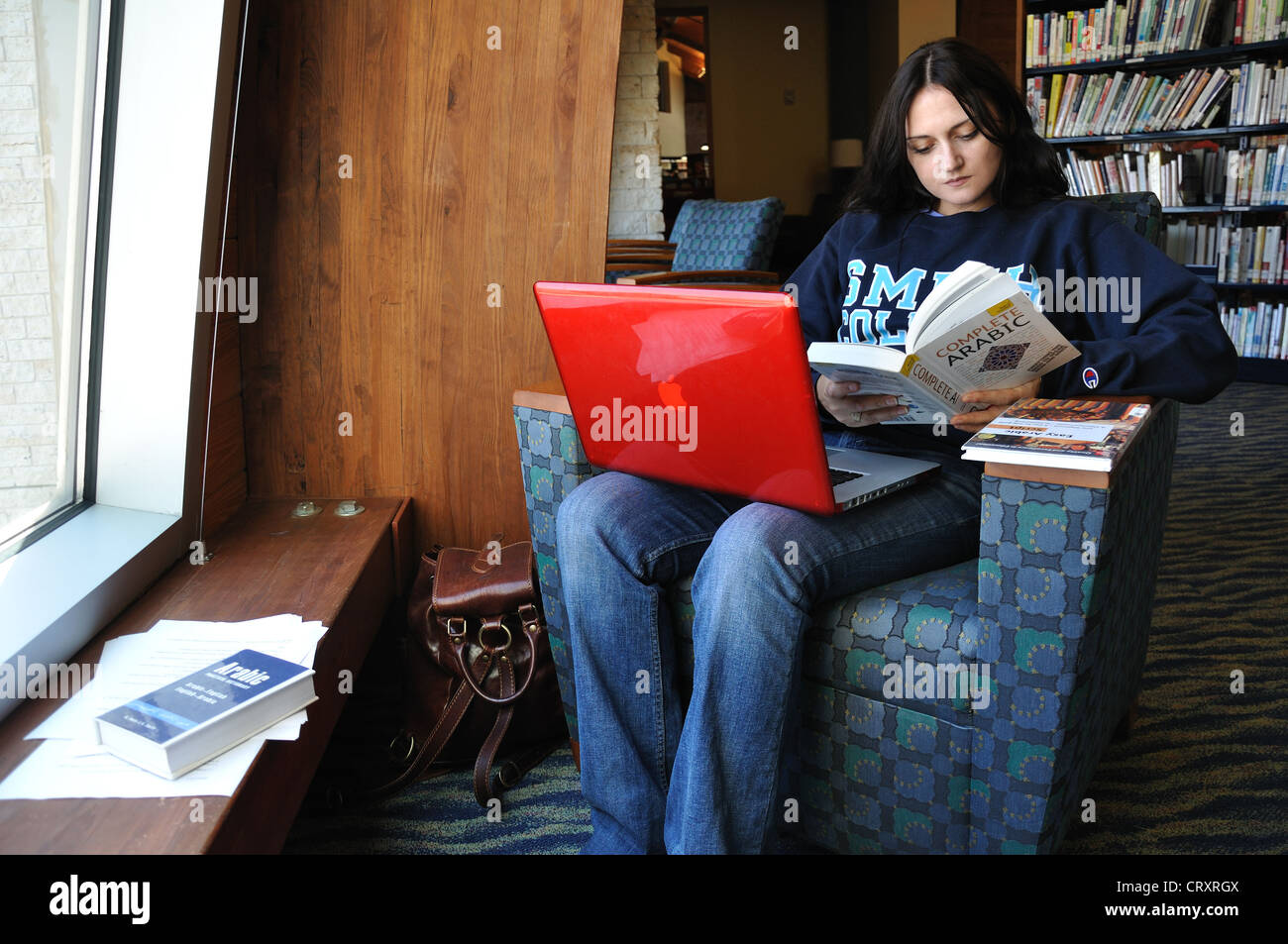 Student at library on laptop, studying Arabic language Stock Photo - Alamy
