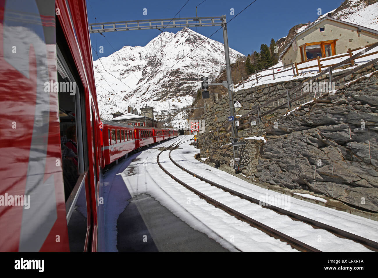 View of the Swiss Alps from the Bernina Express train Stock Photo - Alamy