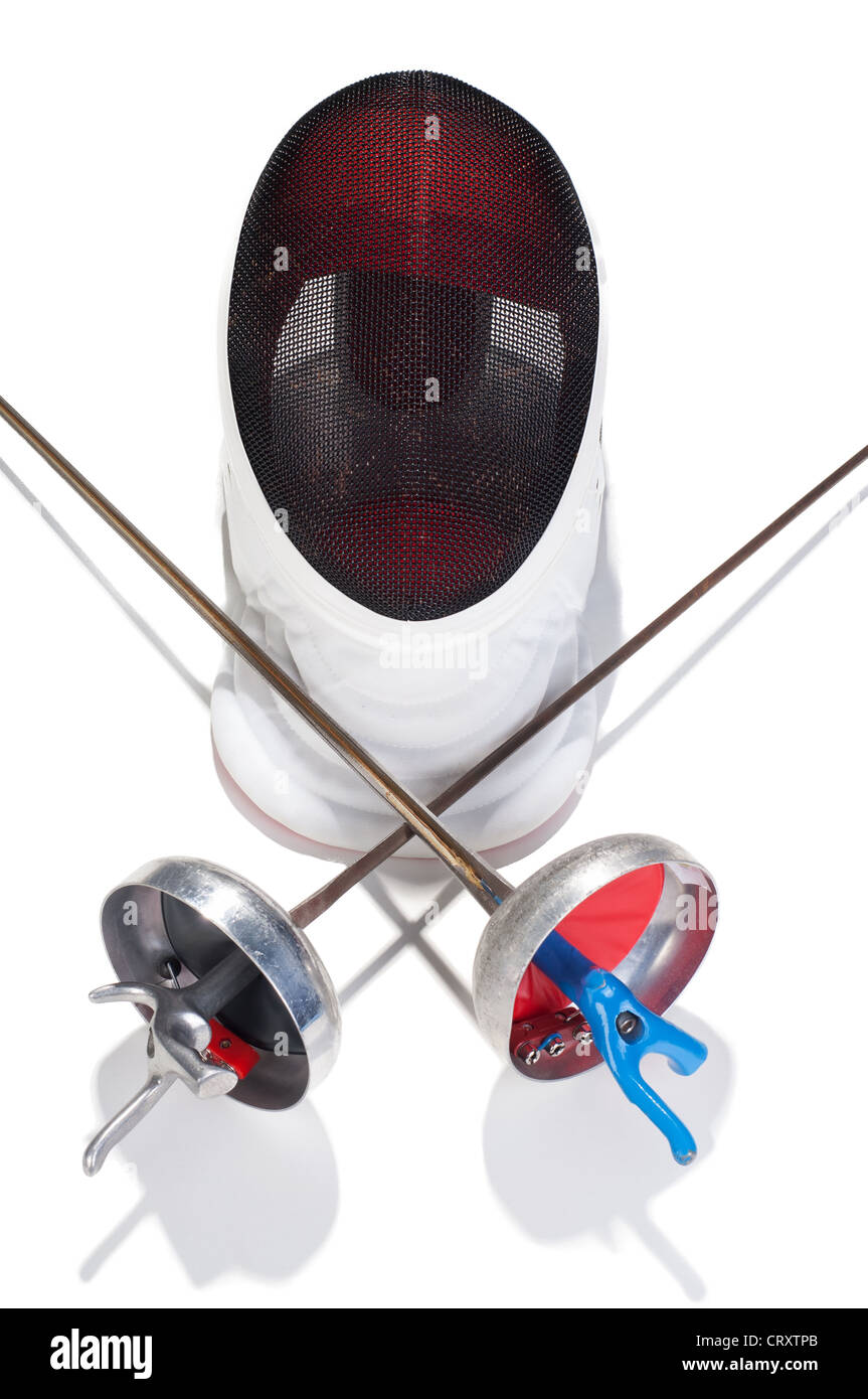 Fencer sword and mask on a white/grey background Stock Photo - Alamy