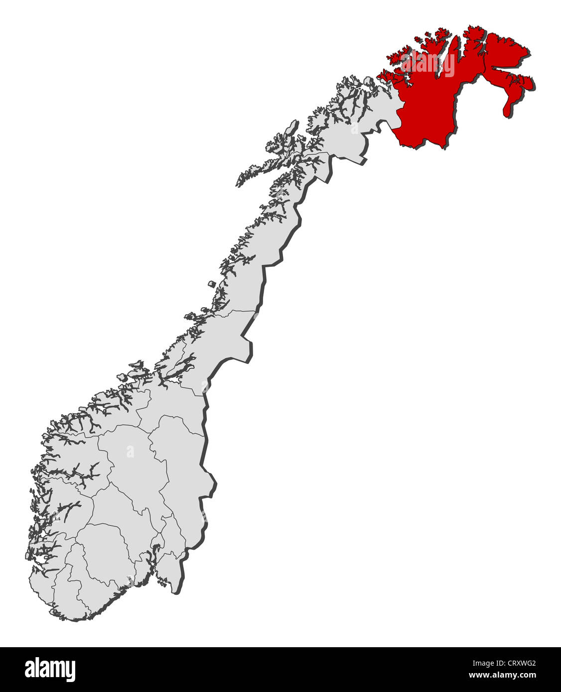Political map of Norway with the several counties where Finnmark is ...