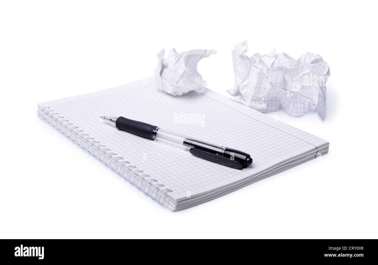 Crumpled paper, notebook and pen isolated on white background Stock ...