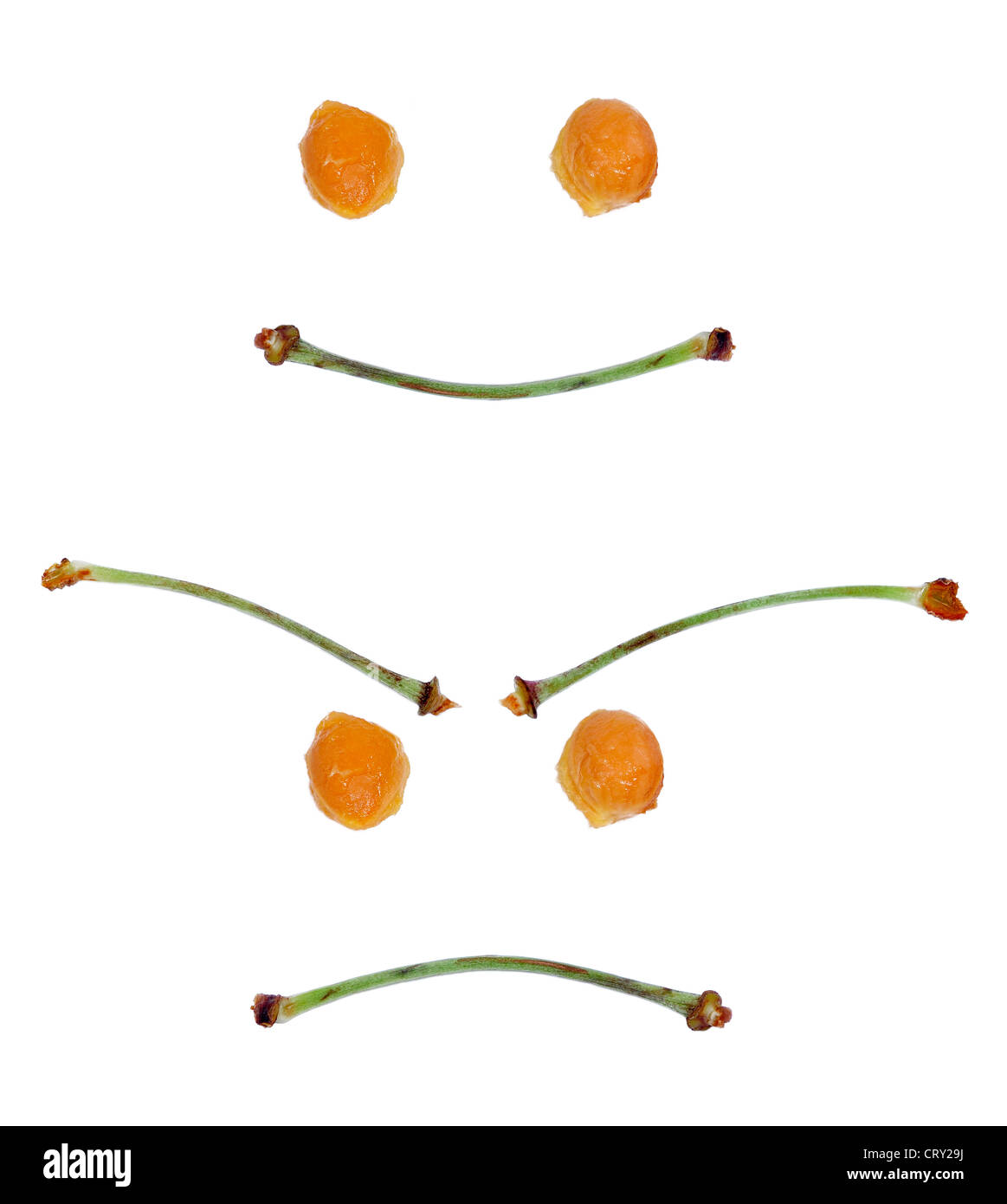 happy and angry face made from stalks of sweet cherries and seeds on ...