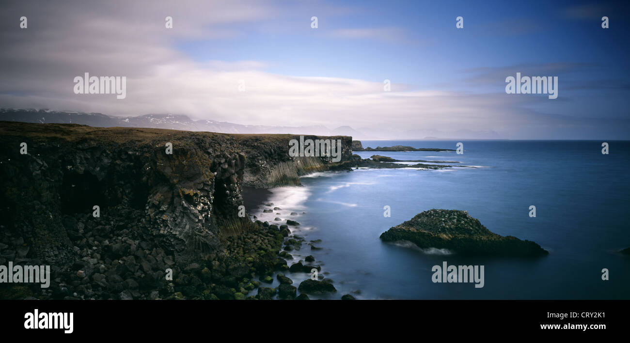 A view from the cliffs at Arnarstapi on the Snaefellsnes Peninsula ...
