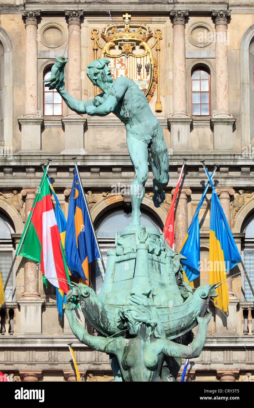 The statue of Brabo in front of the town hall of Antwerp, Belgium Stock ...