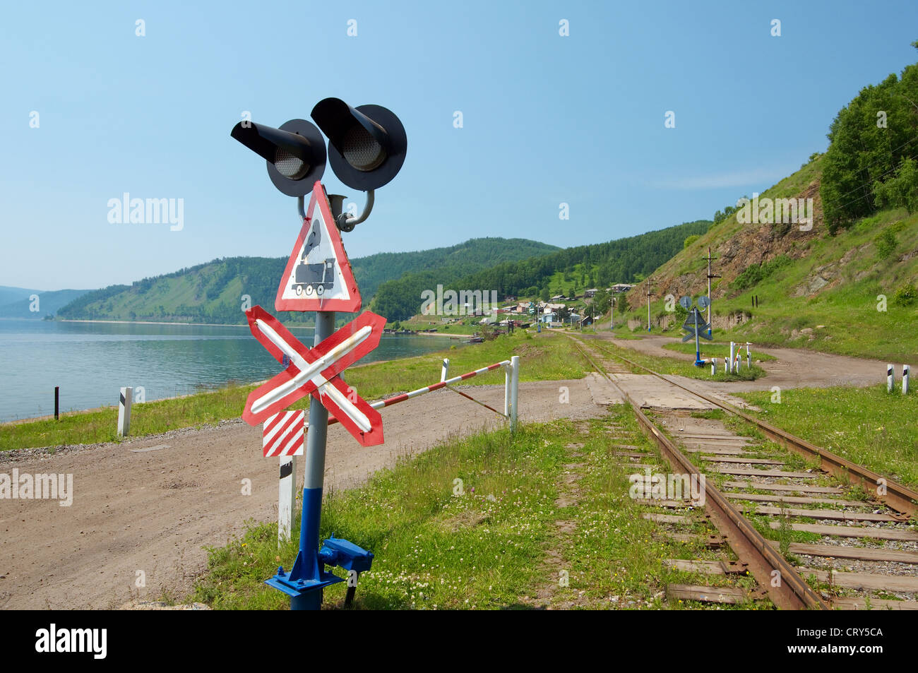 railway crossing, Circum-Baikal Railway, Lake Baikal, Irkutsk region ...