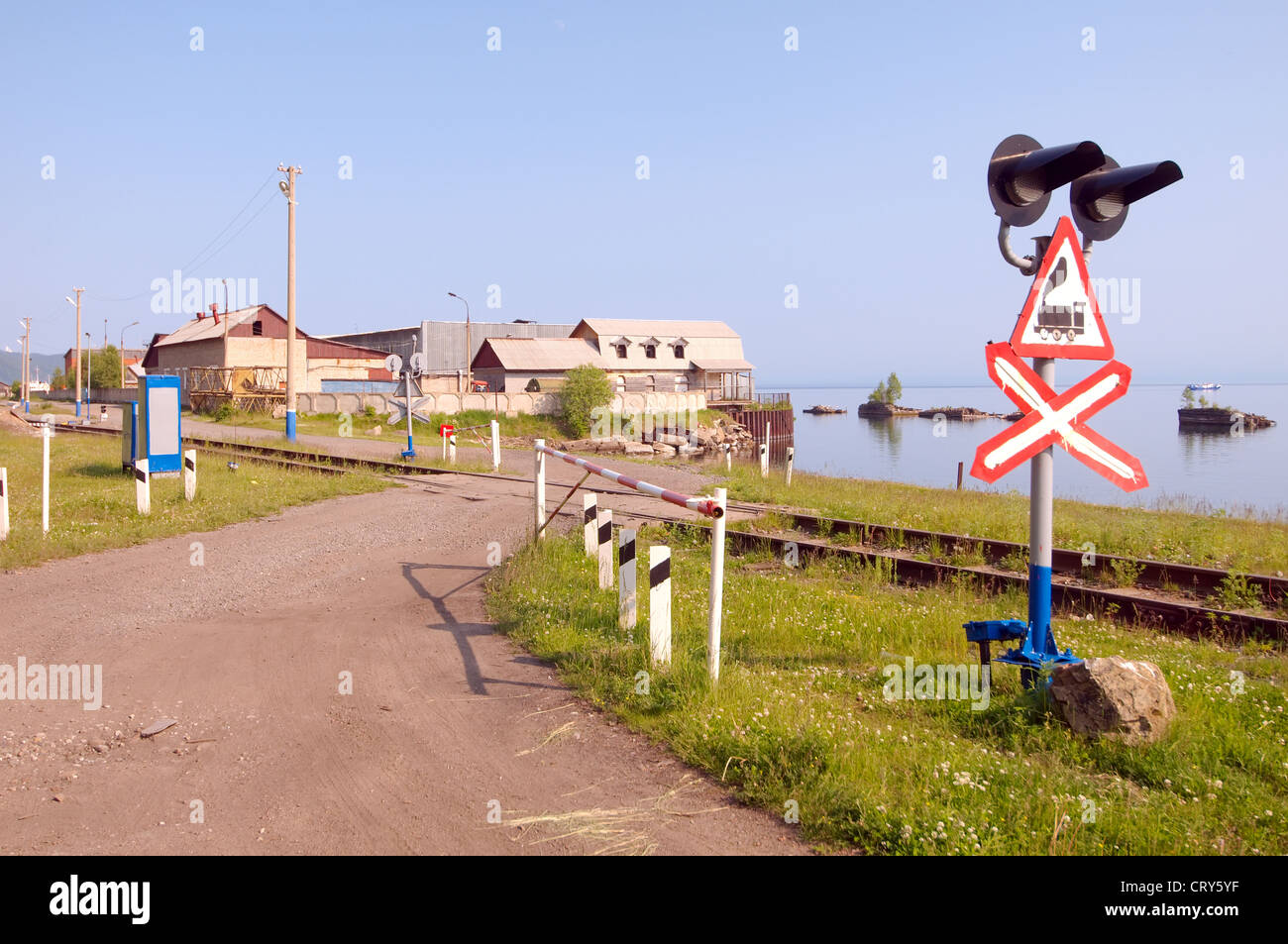 railway crossing, Circum-Baikal Railway, Lake Baikal, Irkutsk region ...