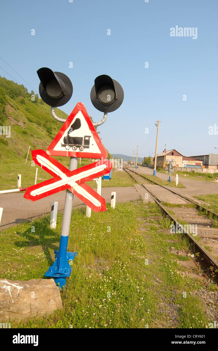 railway crossing, Circum-Baikal Railway, Lake Baikal, Irkutsk region ...