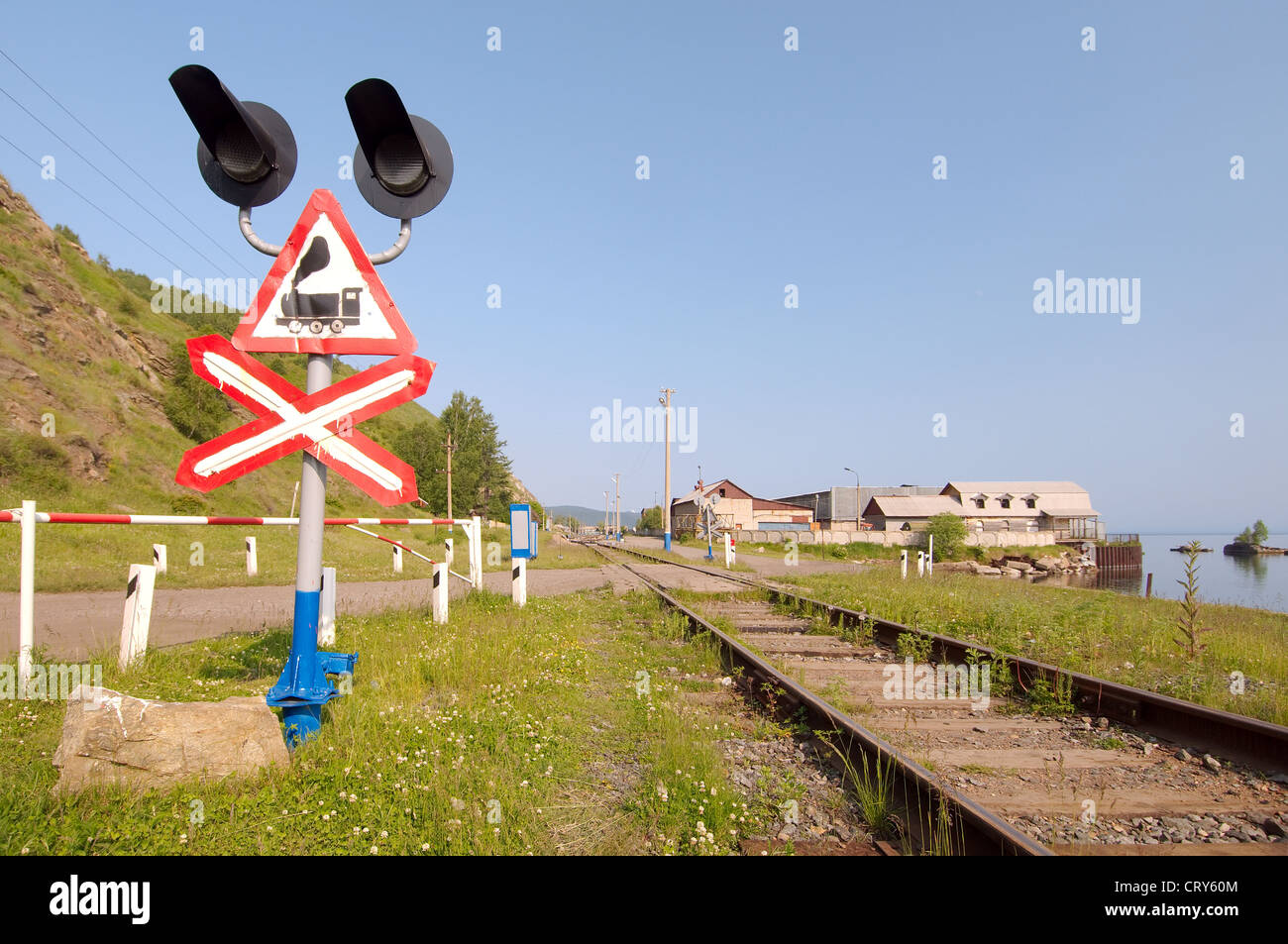 railway crossing, Circum-Baikal Railway, Lake Baikal, Irkutsk region ...