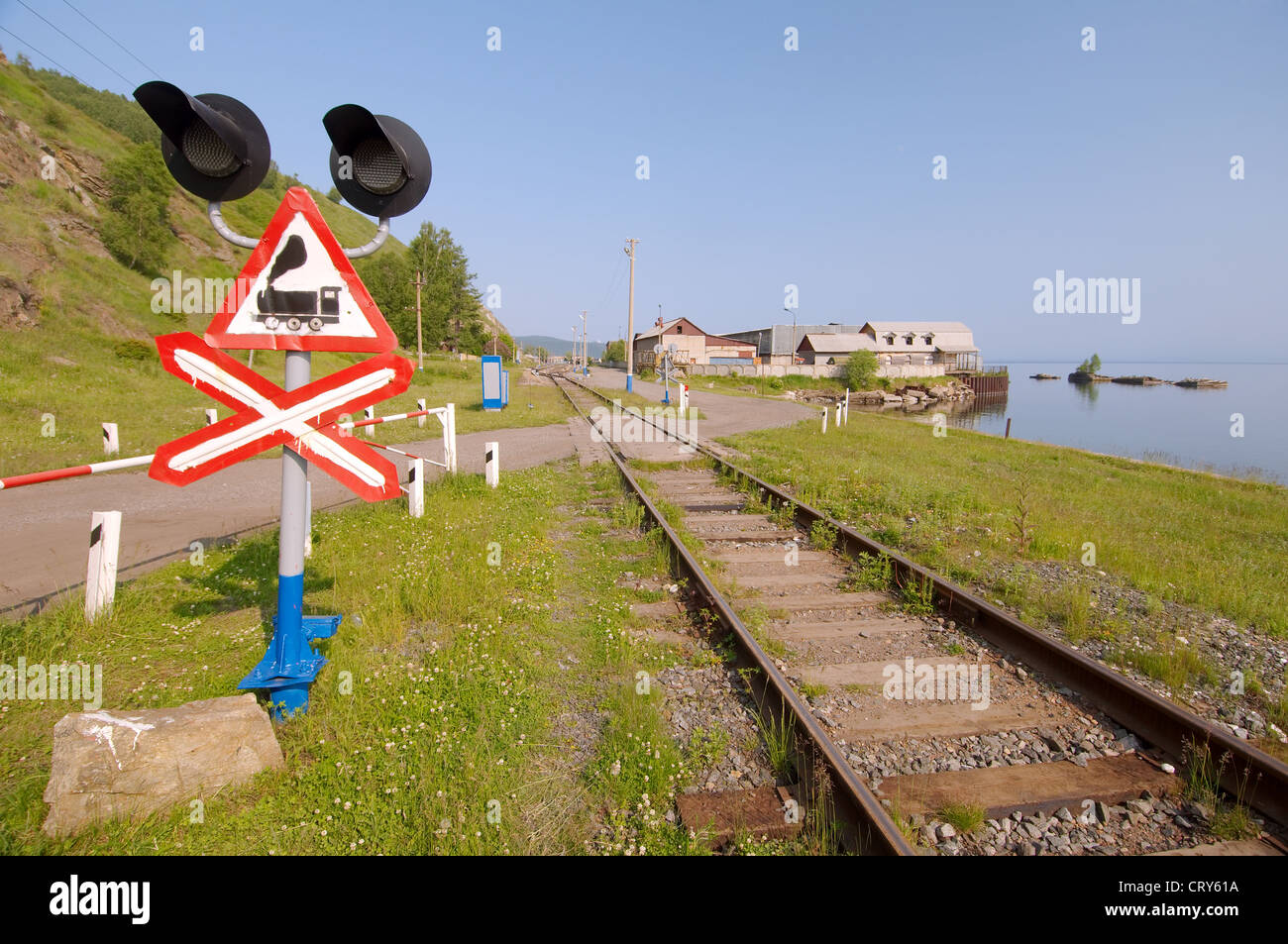 railway crossing, Circum-Baikal Railway, Lake Baikal, Irkutsk region ...