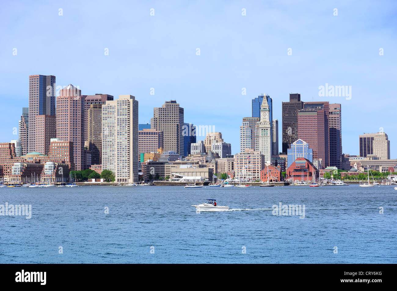 Boston downtown city skyline over sea with urban skyscrapers in the ...