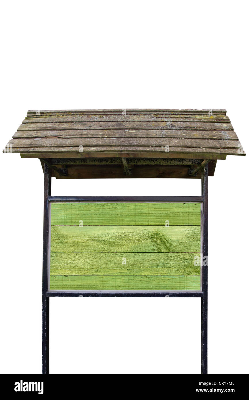 Green wooden billboard with old roof. Isolated on white background ...