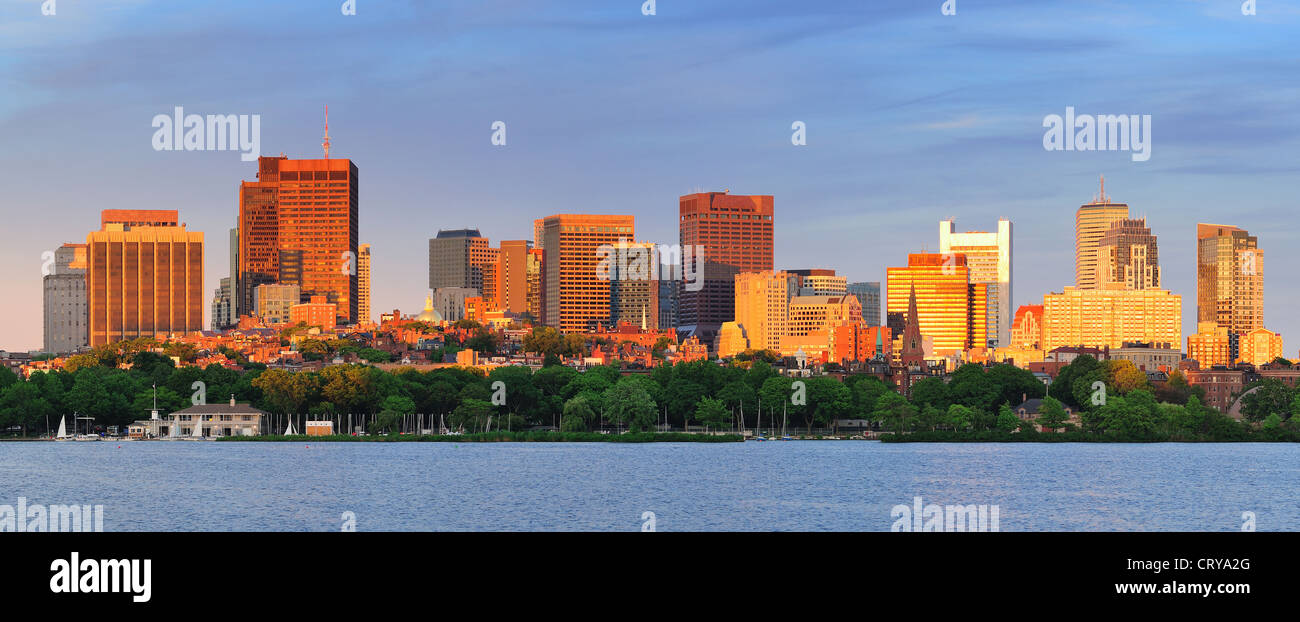 Boston Charles River sunset panorama with urban skyline and skyscrapers ...