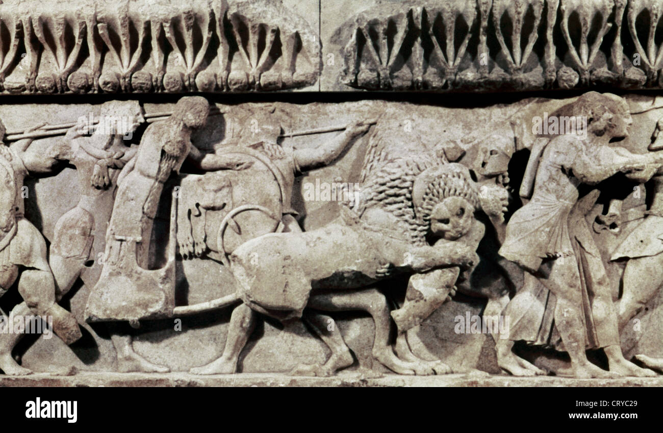 Treasury of Siphnos (525 B.C.). North frieze depicting the battle ...