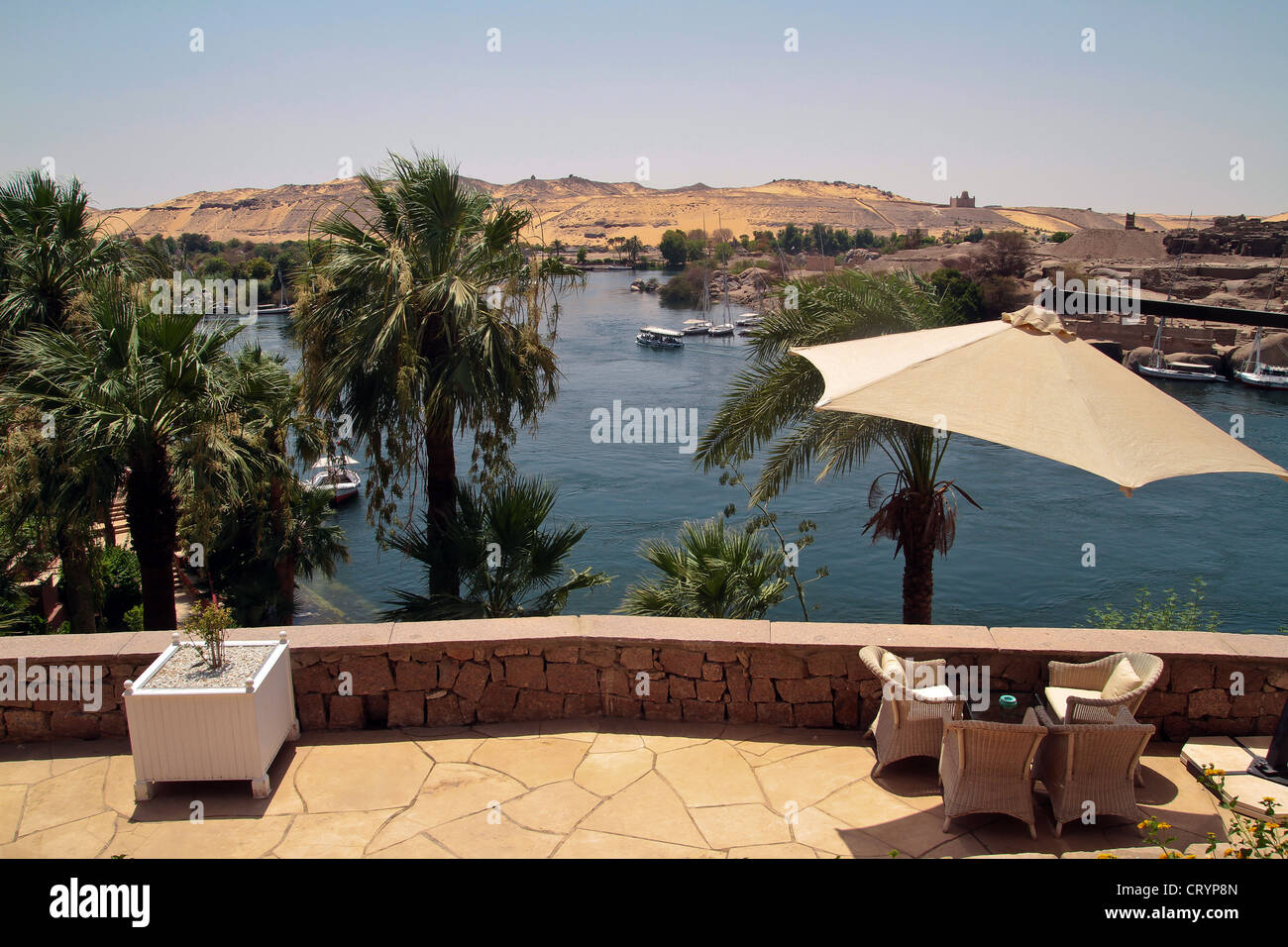View from the terrace of the Old Cataract Hotel in Aswan overlooking ...
