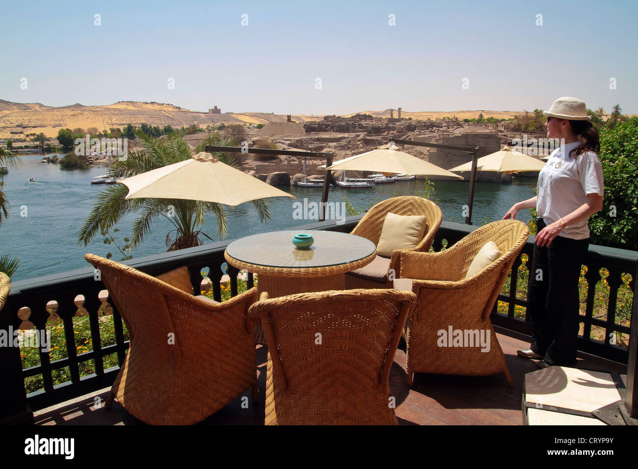View from the terrace of the Old Cataract Hotel in Aswan overlooking ...