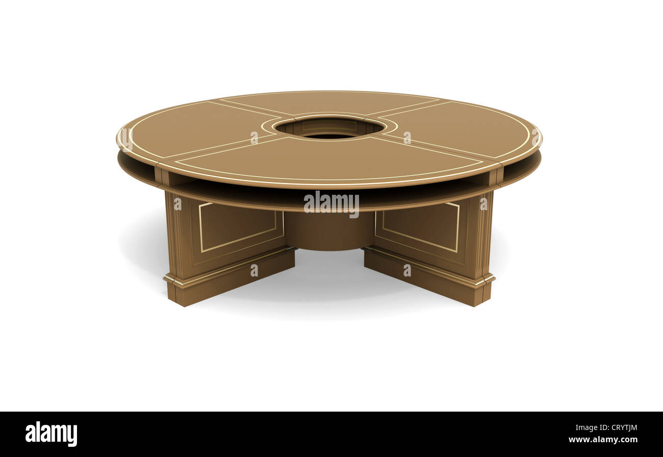 Brown wooden round table, half-turn isolated on white background with ...