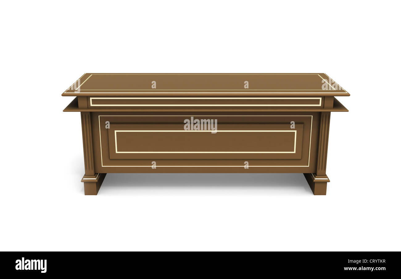 Brown wooden writing table, front side view isolated on white with soft ...