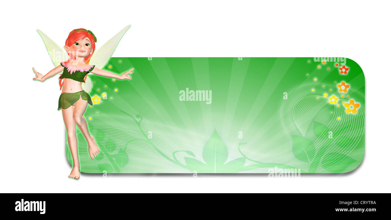 Illustration of an autumn fairy in front of a green banner/header on a ...