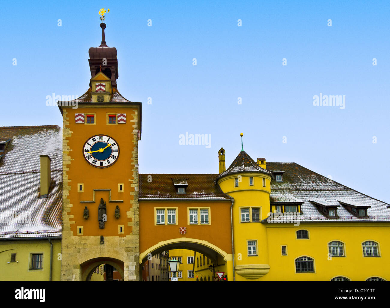 Regensburg Clock Tower at entrance of The Old Stone Bridge over the ...