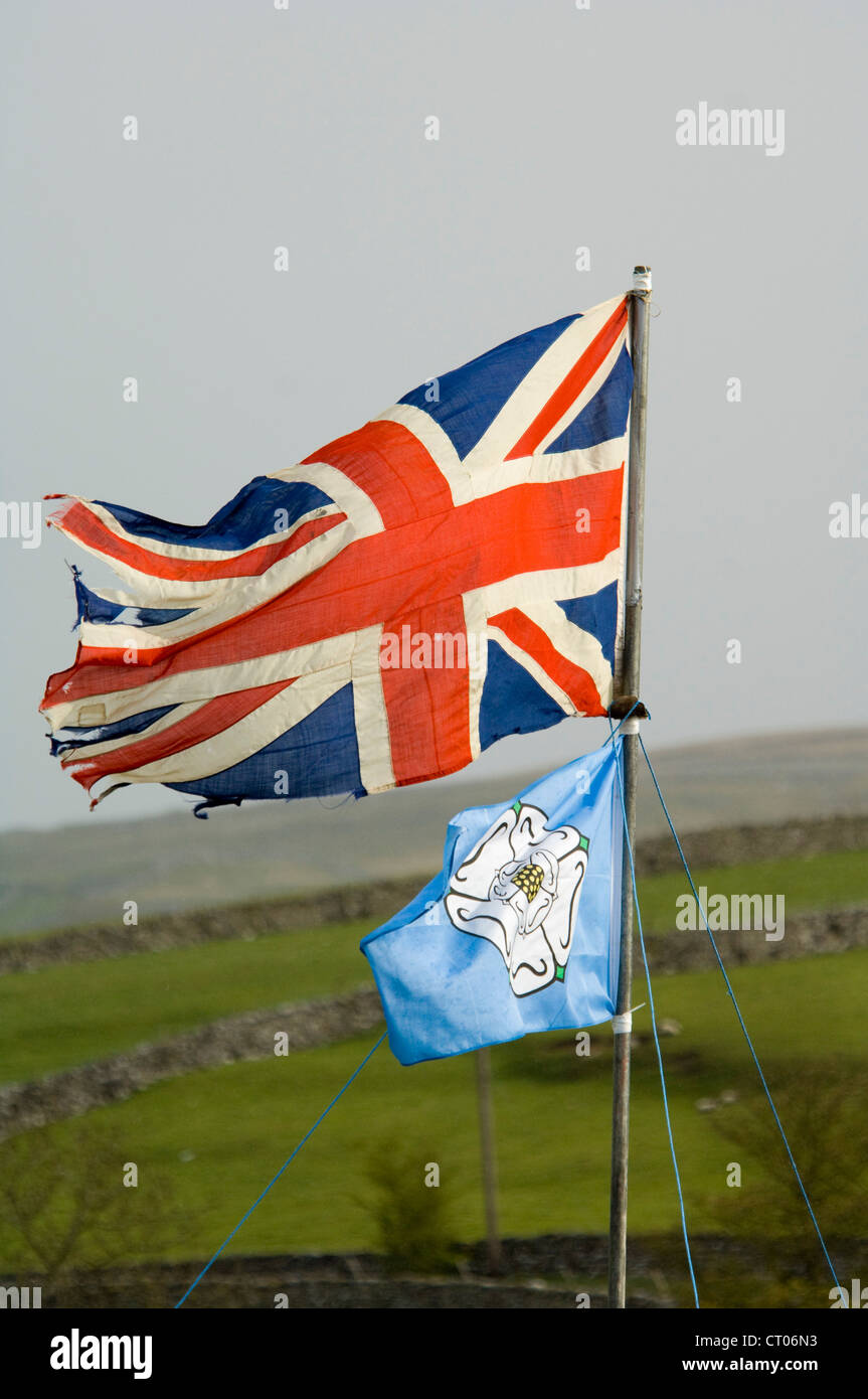 Union and Yorkshire Rose flags flying in the Dales Stock Photo - Alamy