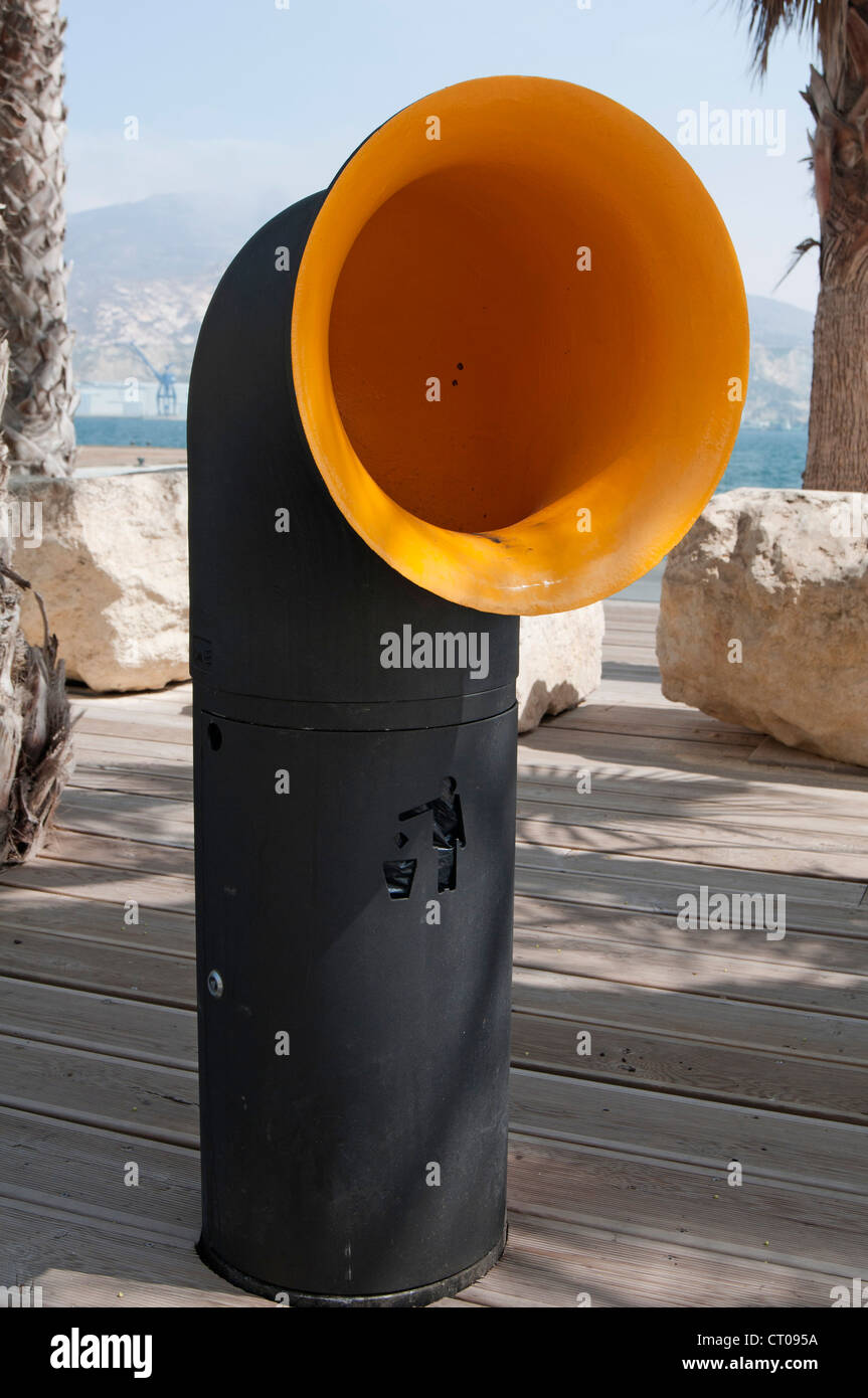 Unusual Litter Bin in the shape of a ships funnel along the port at ...