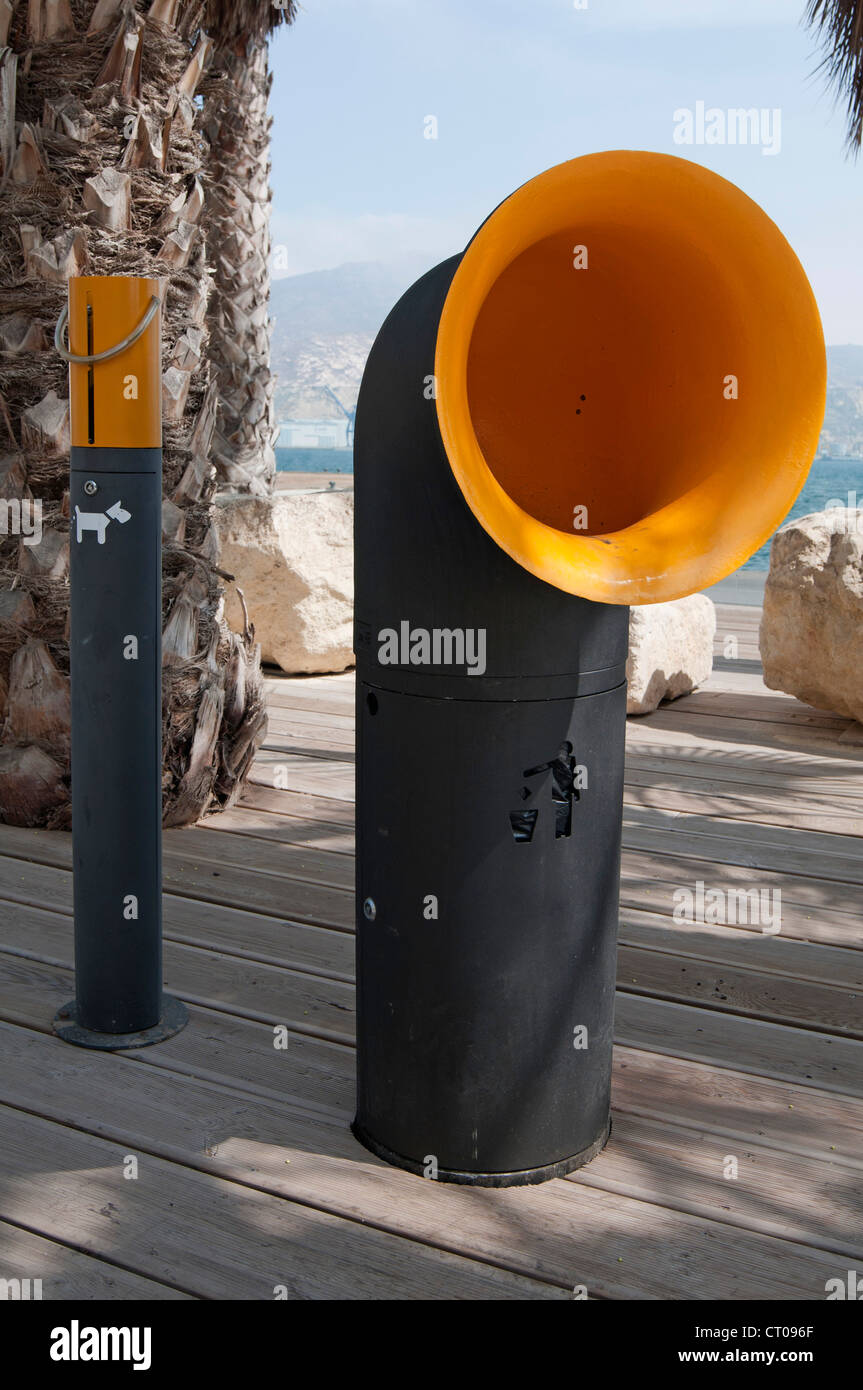 Unusual Litter Bin in the shape of a ships funnel along the port at ...