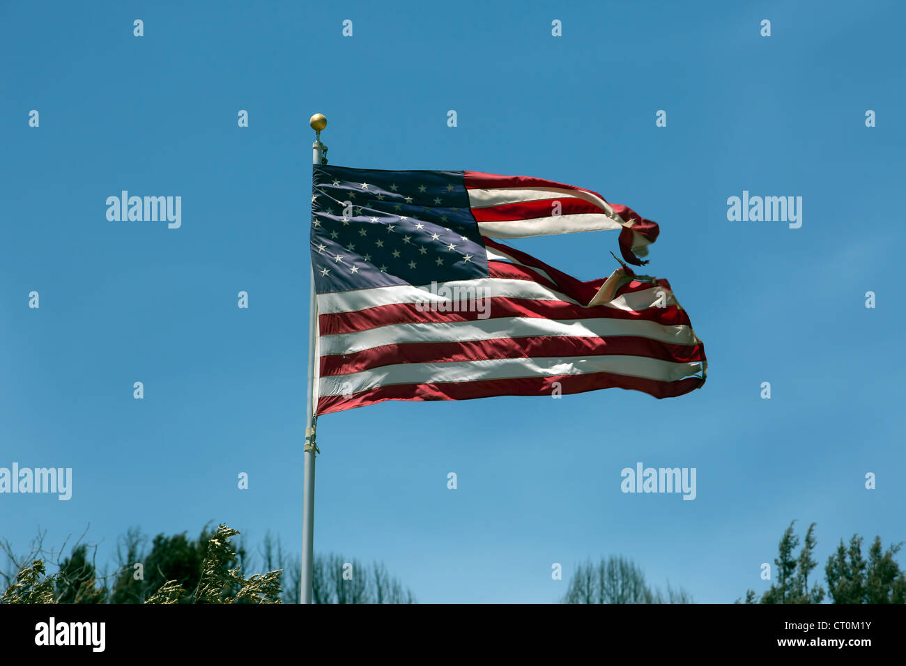Torn flag blowing in a heavy wind on a clear blue summer day Stock ...