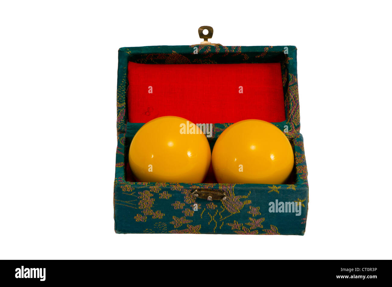 Yellow pool balls in ancient vintage retro box isolated on a white ...