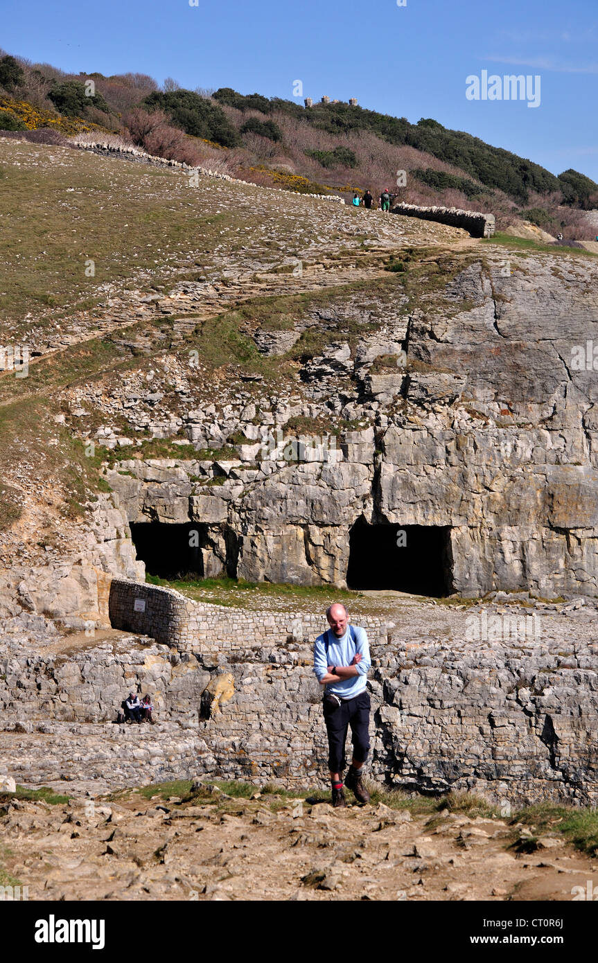 A walker near the Tilly Whim caves on the East Dorset coast path UK ...