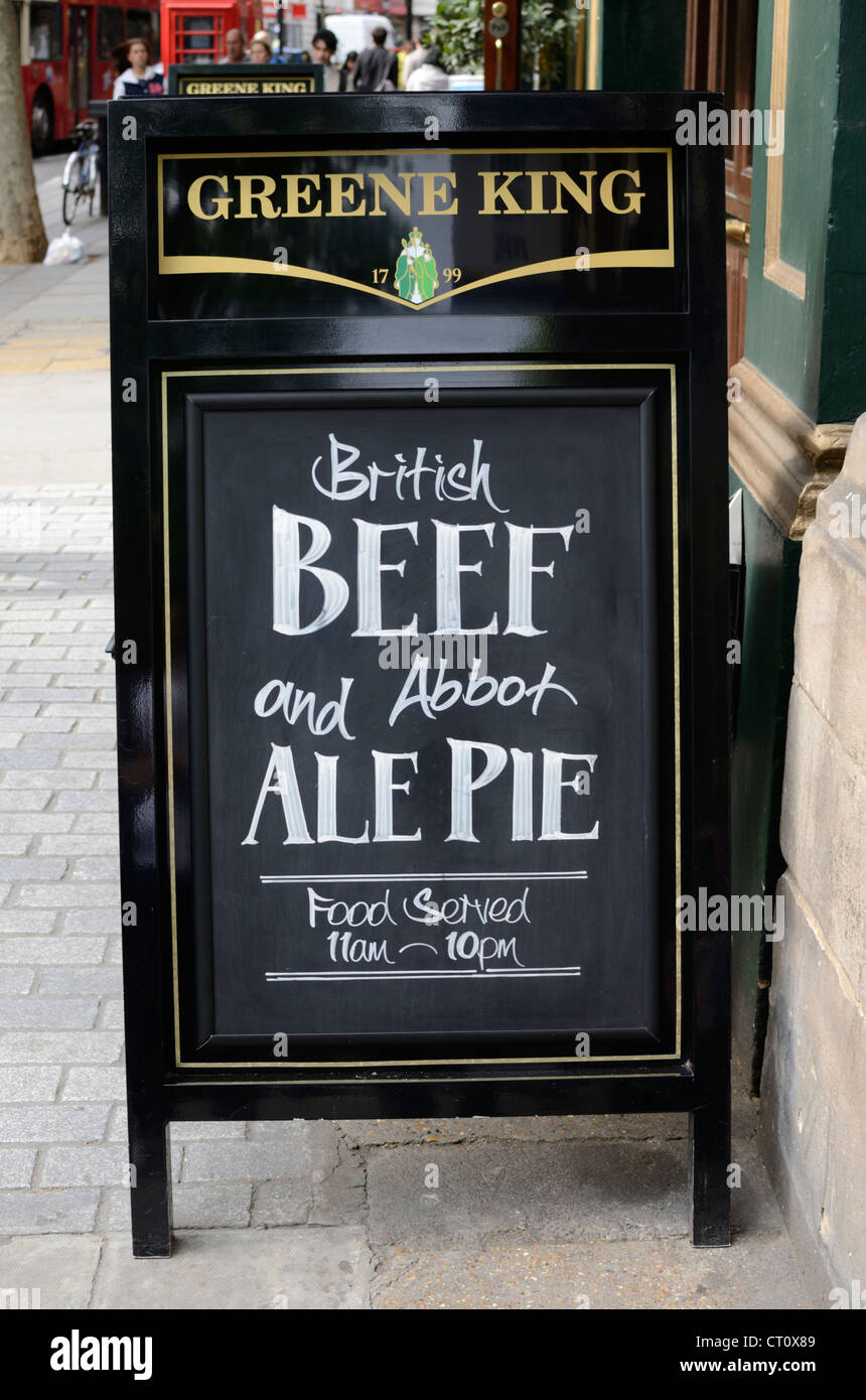 A board advertising British beef and ale pie outside a UK pub Stock ...
