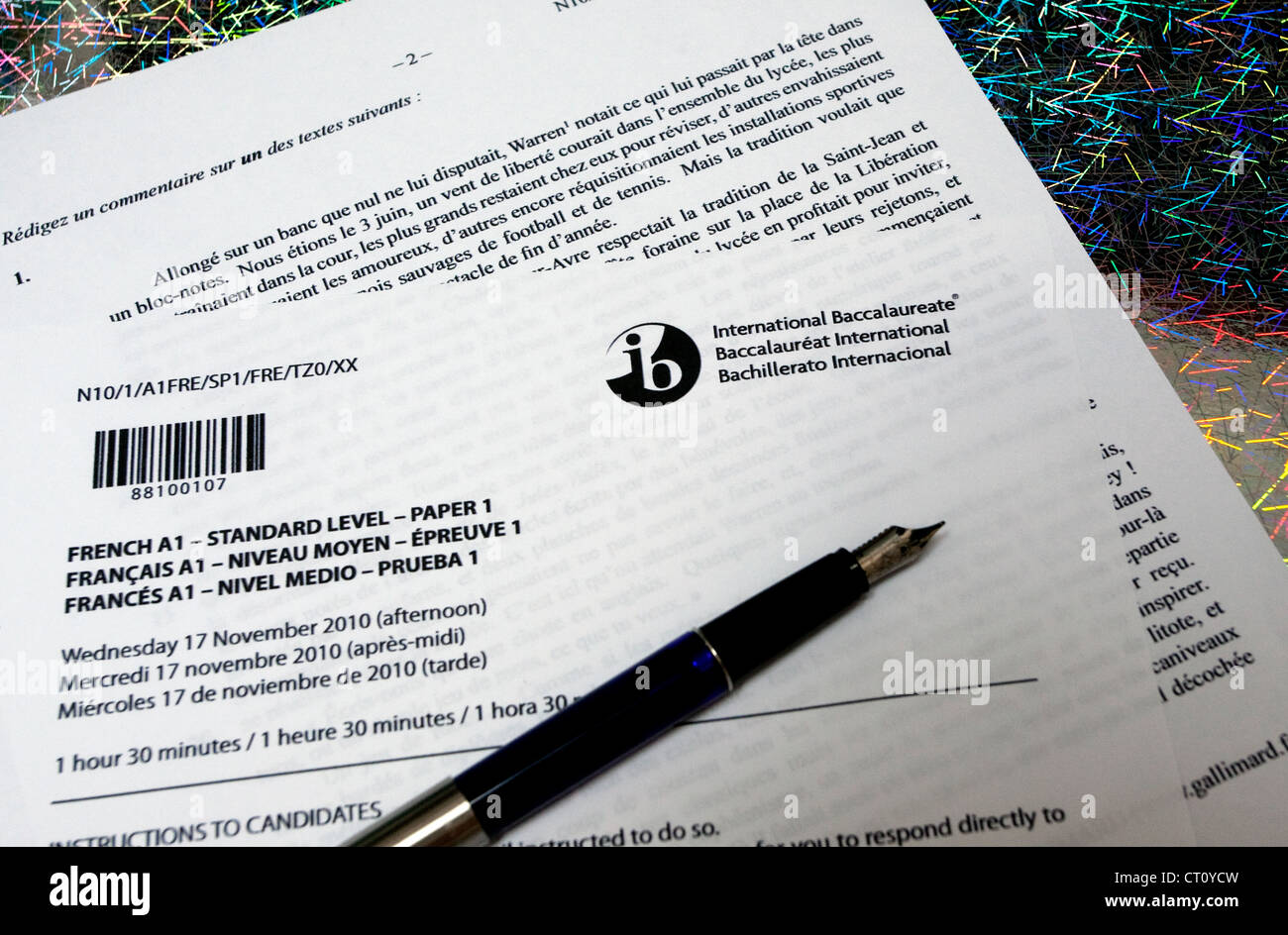 International Baccalaureate examination paper, London Stock Photo - Alamy