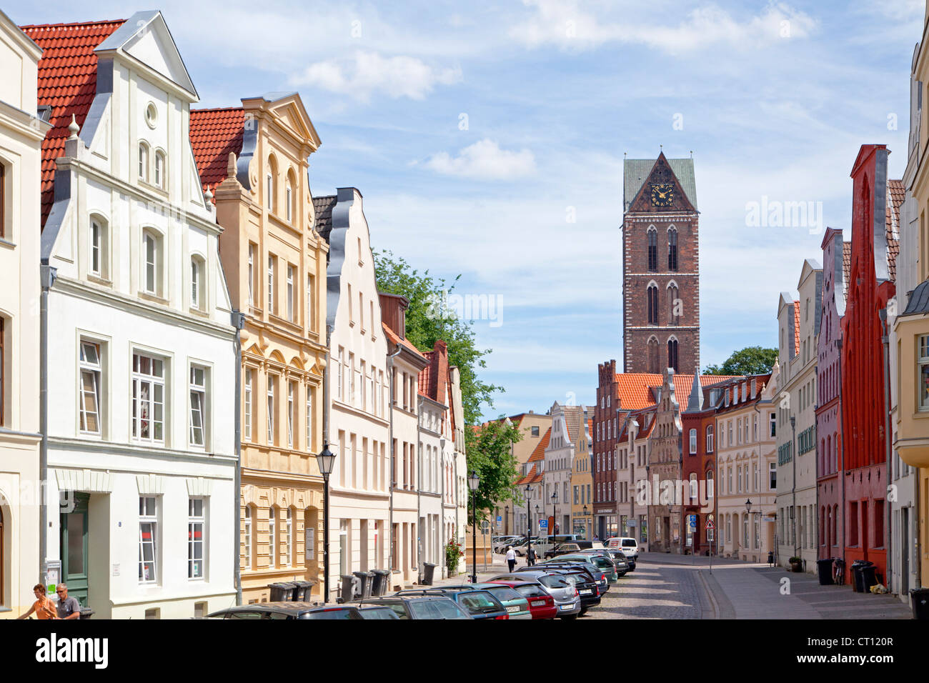 Luebsche Strasse, tower of St. Marien Church, Wismar, Mecklenburg-West ...